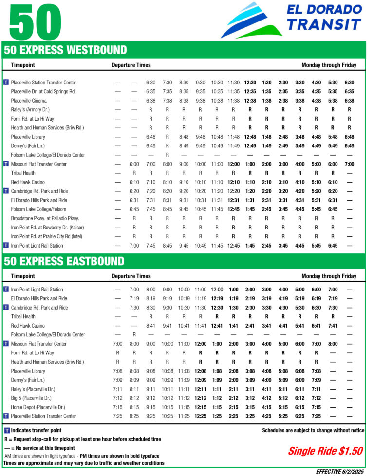 New Westbound Stop Locations for 50 Express | El Dorado Transit